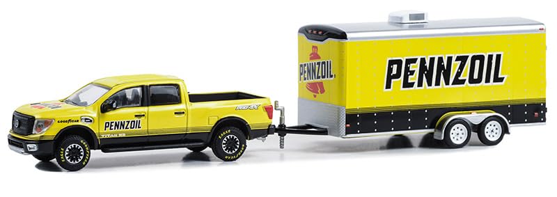 Collectibles Greenlight 32300-D Hitch & Tow Series 30-2018 Titan XD Pro-4X with Enclosed Car Hauler – Pennzoil 1:64 Scale Diecast