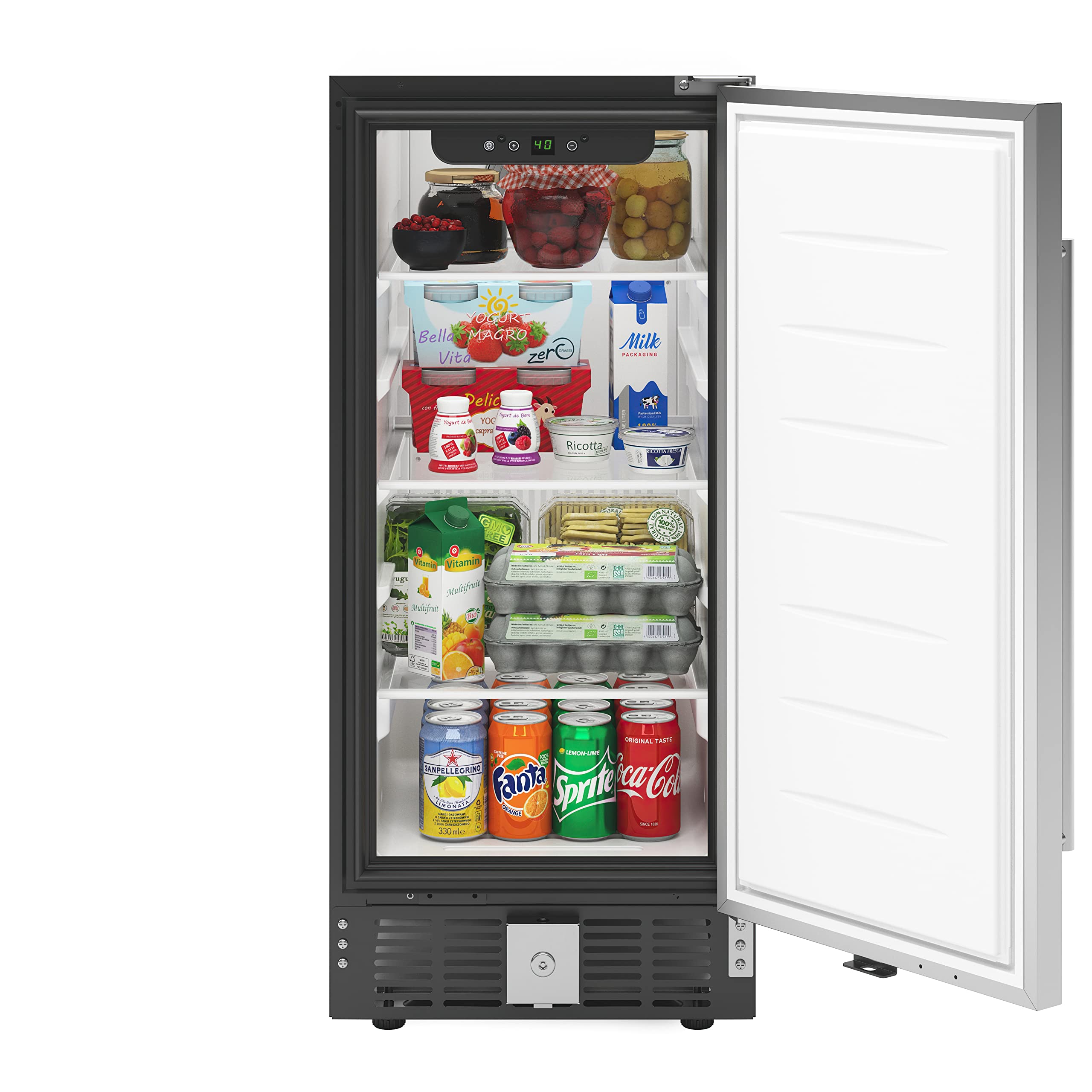 KoolMore 15â Inch 3 Cu. Ft. Built-In Mini Fridge for Food and Beverages with 3 Glass Shelves, Stainless Steel Door, LED Light for Home, Office, Garage, or Dorm Room Use (KM-BIR3C-SS)