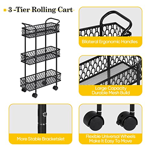 Slim Rolling Storage Cart, 3 Tier Bathroom Organizer Mobile Shelving Unit, Mobile Shelving Unit Cart with Handle and Lockable Wheels for Bathroom,Laundry,Living Room,Kitchen (Black)