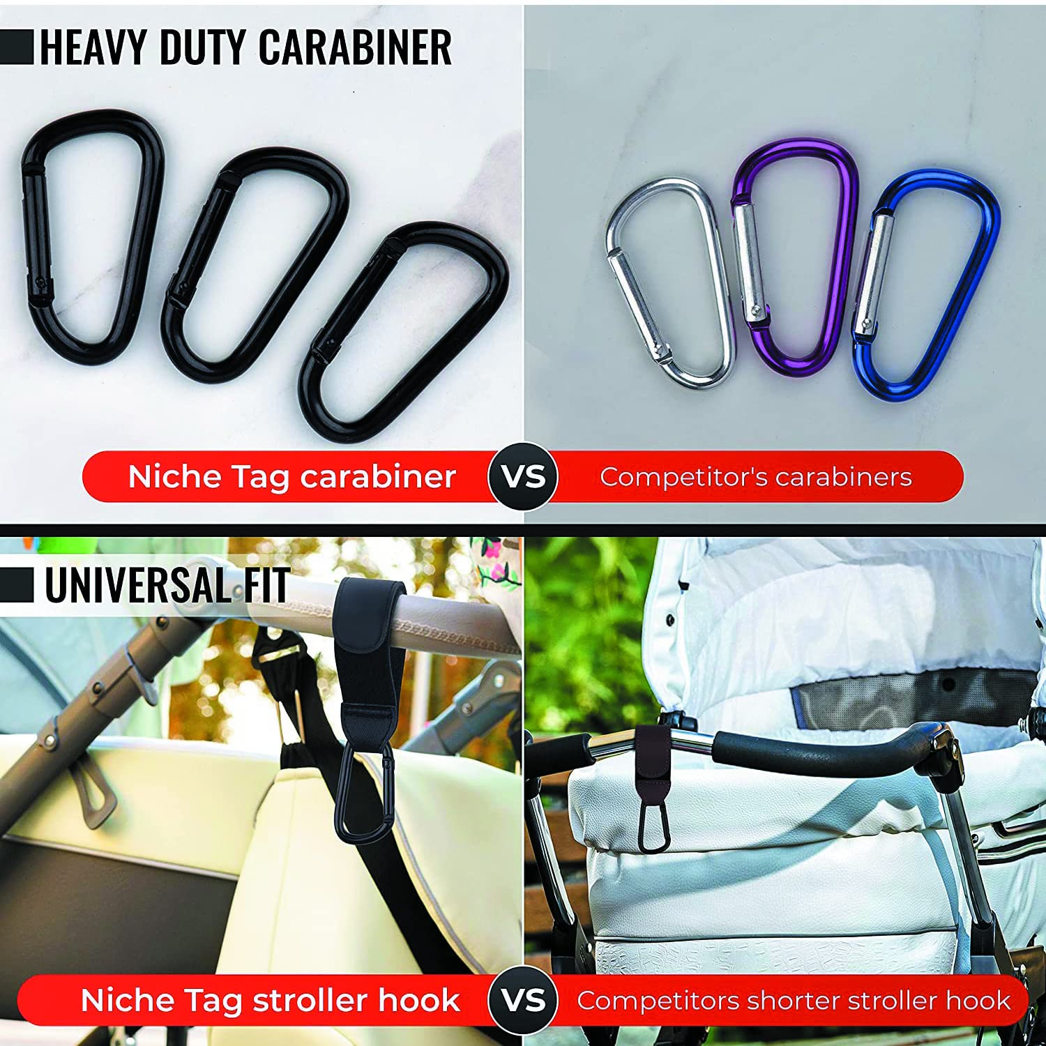 Baby Stroller Hooks,2 Pack Mommy Hook for Stroller for Hanging Diaper Bags,Purse,Stroller Organizer,Leather Stroller Hooks,Suitable for All Strollers and Trolleys Universal Stroller Clips (Black)