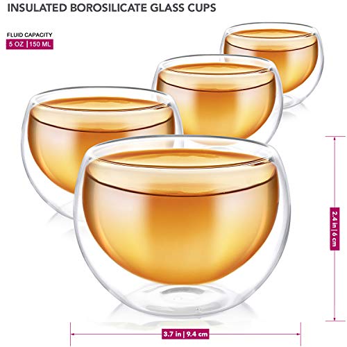 Teabloom Double Walled Cups (5 oz / 150 ml) β Set of 4 Insulated Glass Cups for Tea, Coffee, Espresso, Wine and More β Classica Teacups Collection