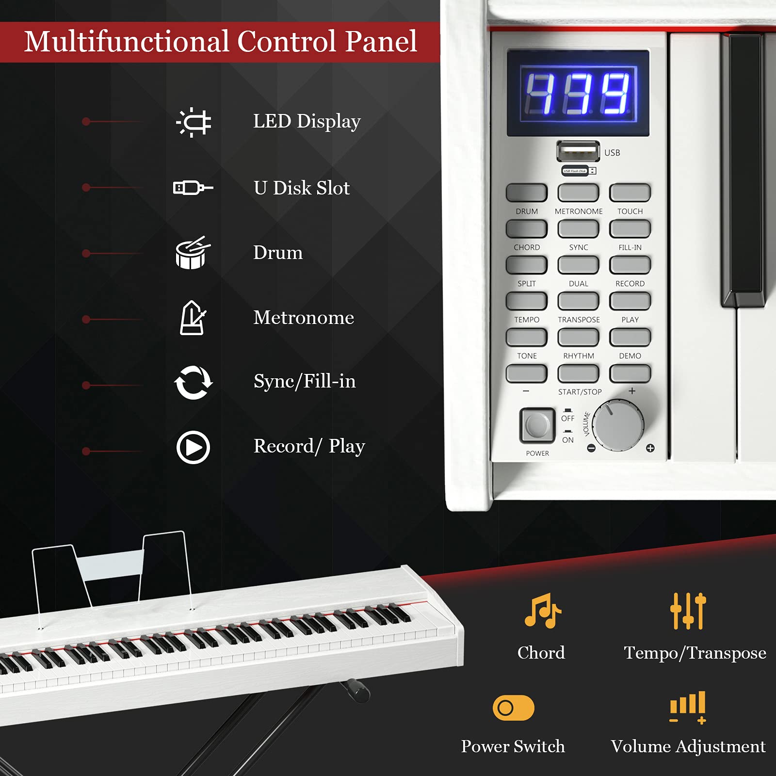 Costzon 88-Key Weighted Piano Keyboard Full Size, Portable Midi Keyboard Hammer Action Duet Mode with Sustain Pedal, Built-in Speaker, Headphone and Power Supply for Beginner/Adults (White)