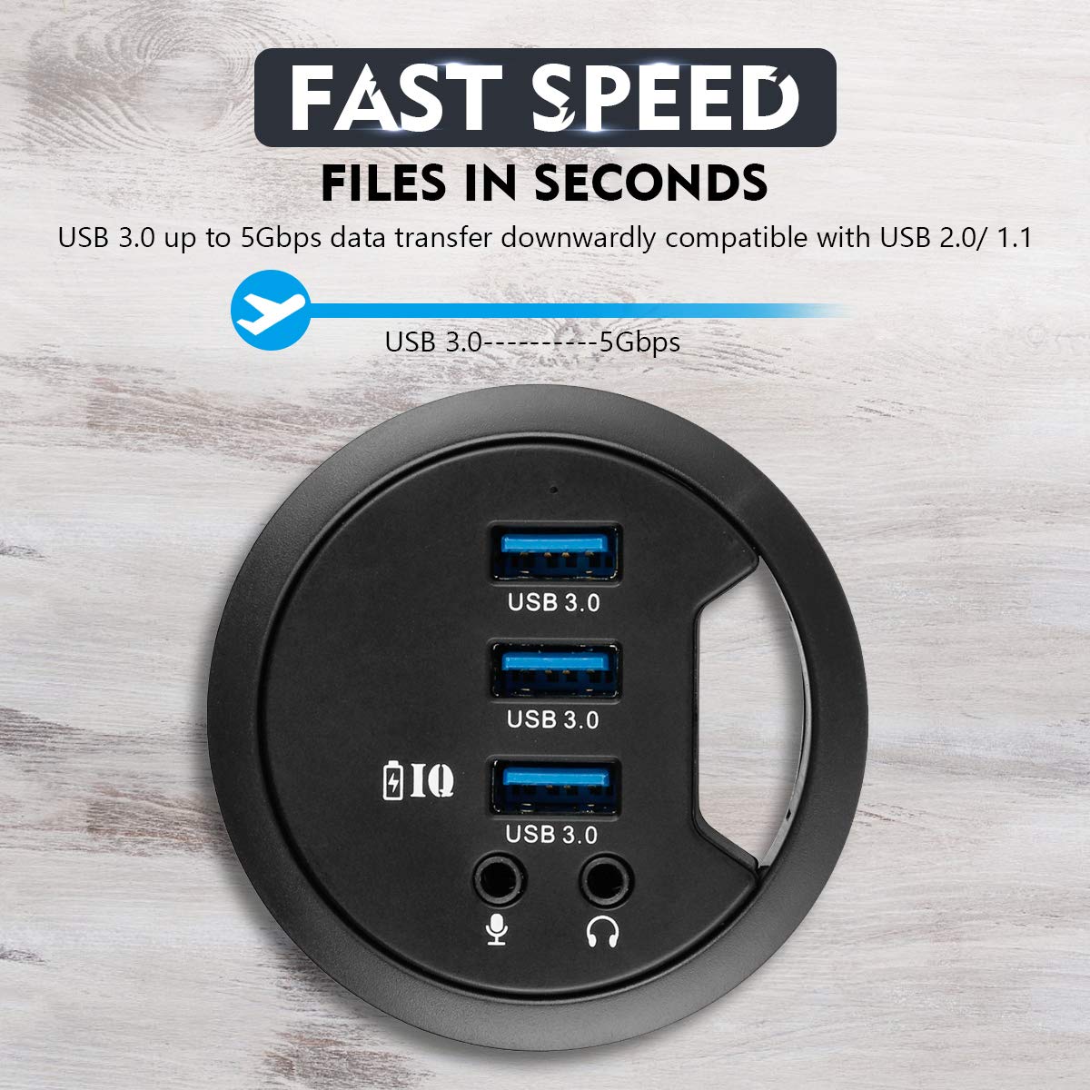 WDX Grommet Hole in Desk USB 3.0 3 Port Hub BC 1.2 USB Charger with 3.5mm Sound Card Mic Phone Jack, 5V/2A Power Adapter for iPhone/Smart Phones(AC Power Supply Included)