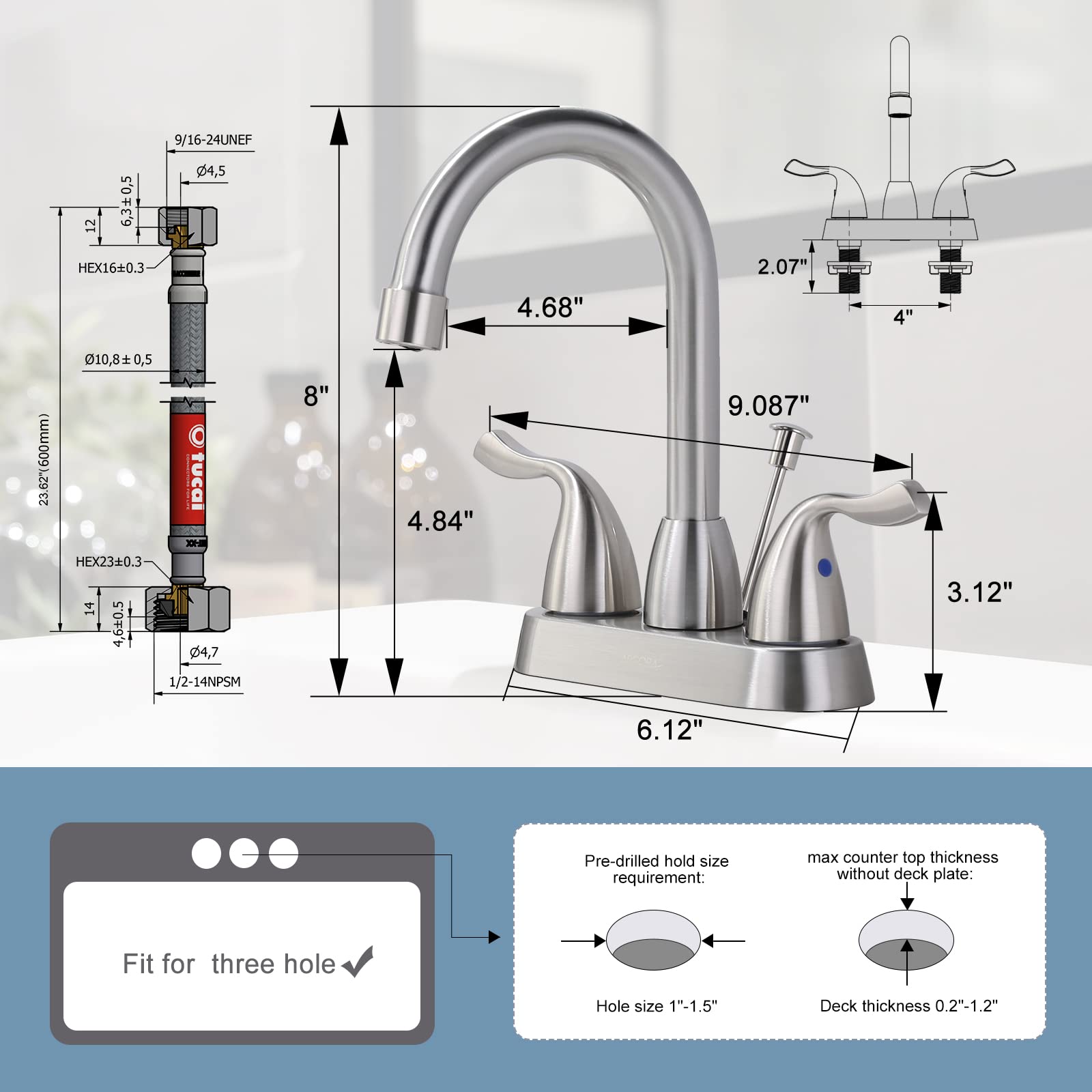 ARCORA 2 Handle Modern Bathroom Faucet Brushed Nickel, 4 Inch Centerset Bathroom Faucet with Drain Assembly and Supply Hoses, 3 Holes Faucet for Bathroom Sink