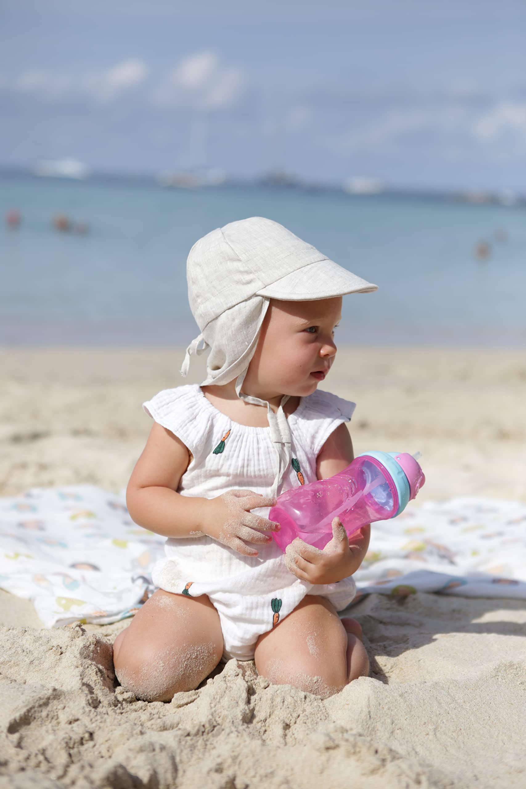 Baby Sun Hat UPF 50+ Adjustable Linen Breathable Infant Quick Drying Summer Beach Hat with Neck Flap Swim Hat for Baby Boys Girls Beige