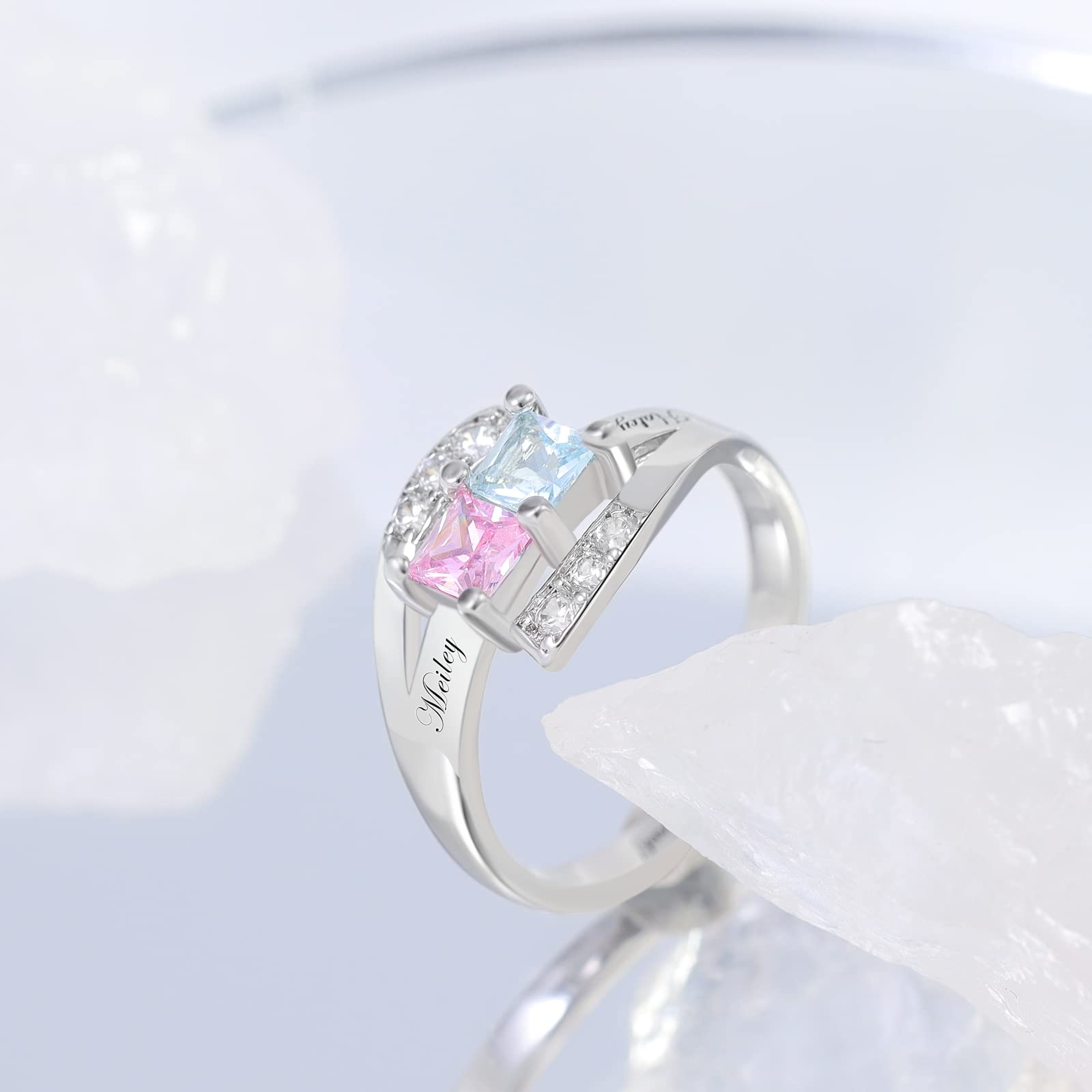 AREH Personalized Mothers Ring with 2 Princess-Cut Birthstones Custom Engraved Names Engagement Rings for Women