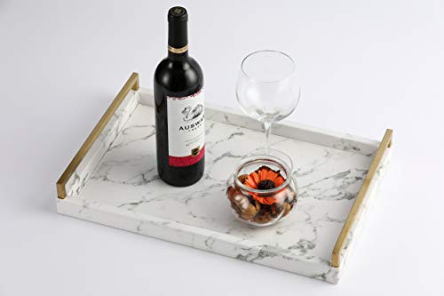 WV Coffee Table Serving Tray Faux Leather White Marble Finish with Brushed Gold Stainless Steel Handle for Living Room (White)