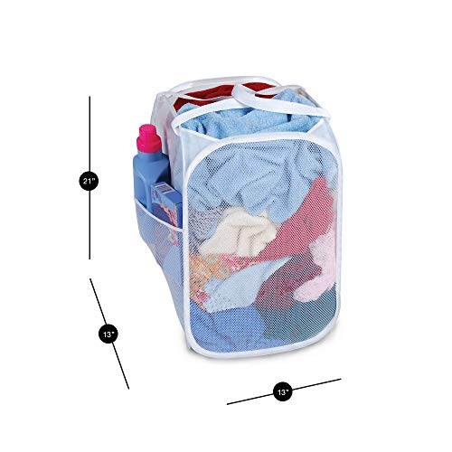 Smart Design Pop Up Laundry Hamper with Easy Carry Handles and Side Pocket - Durable Mesh Fabric - Collapsible Design - Clothes and Laundry - Home Organization - Holds 2 Loads - 13 x 21 Inch - White