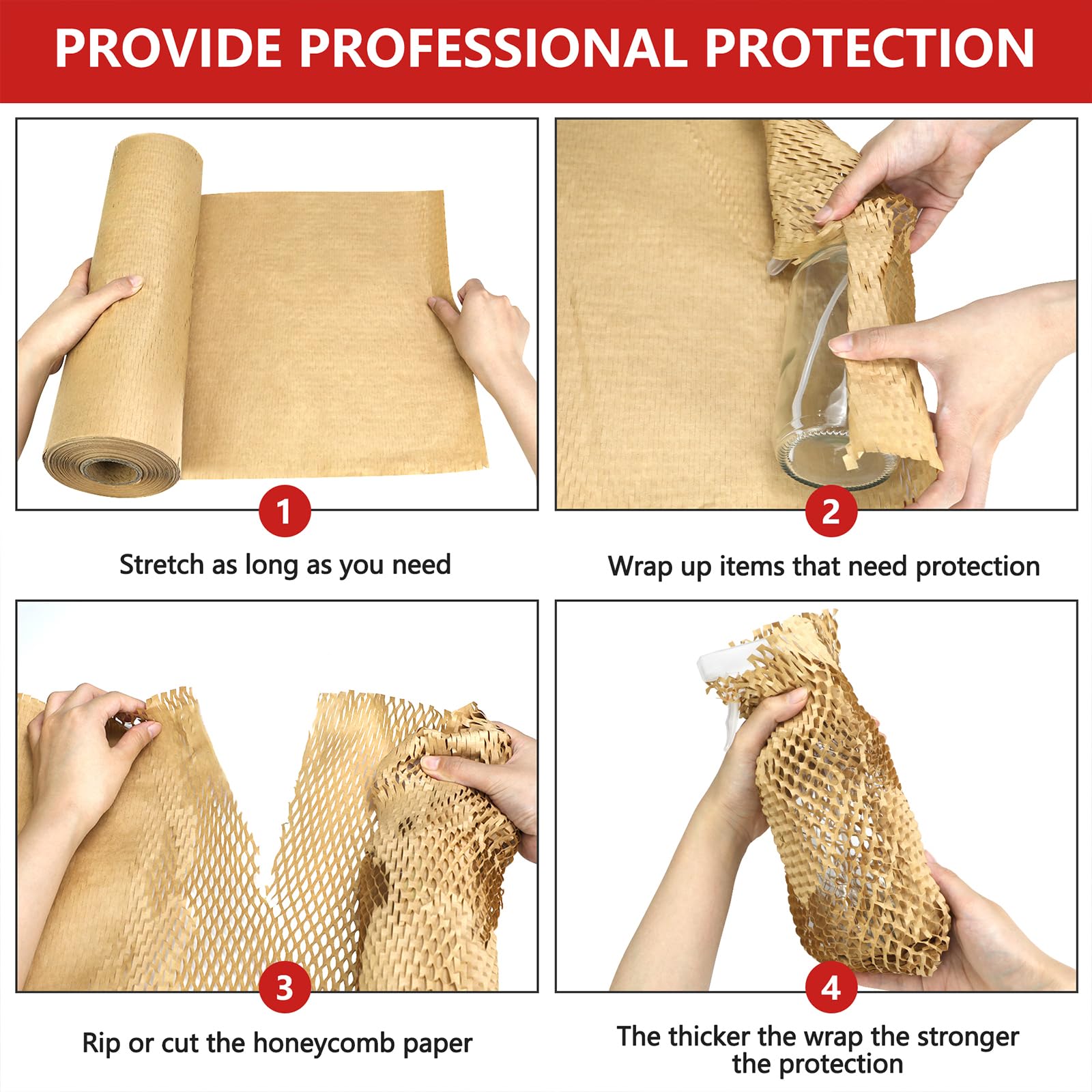 HOOPLE Honeycomb Packing Paper15x1968 Inches, Packing Paper for Moving, Biodegradable Moving Supplies Bubble Packing Wrap Protective Roll With 30 Fragile Stickers. (black 15"x164')
