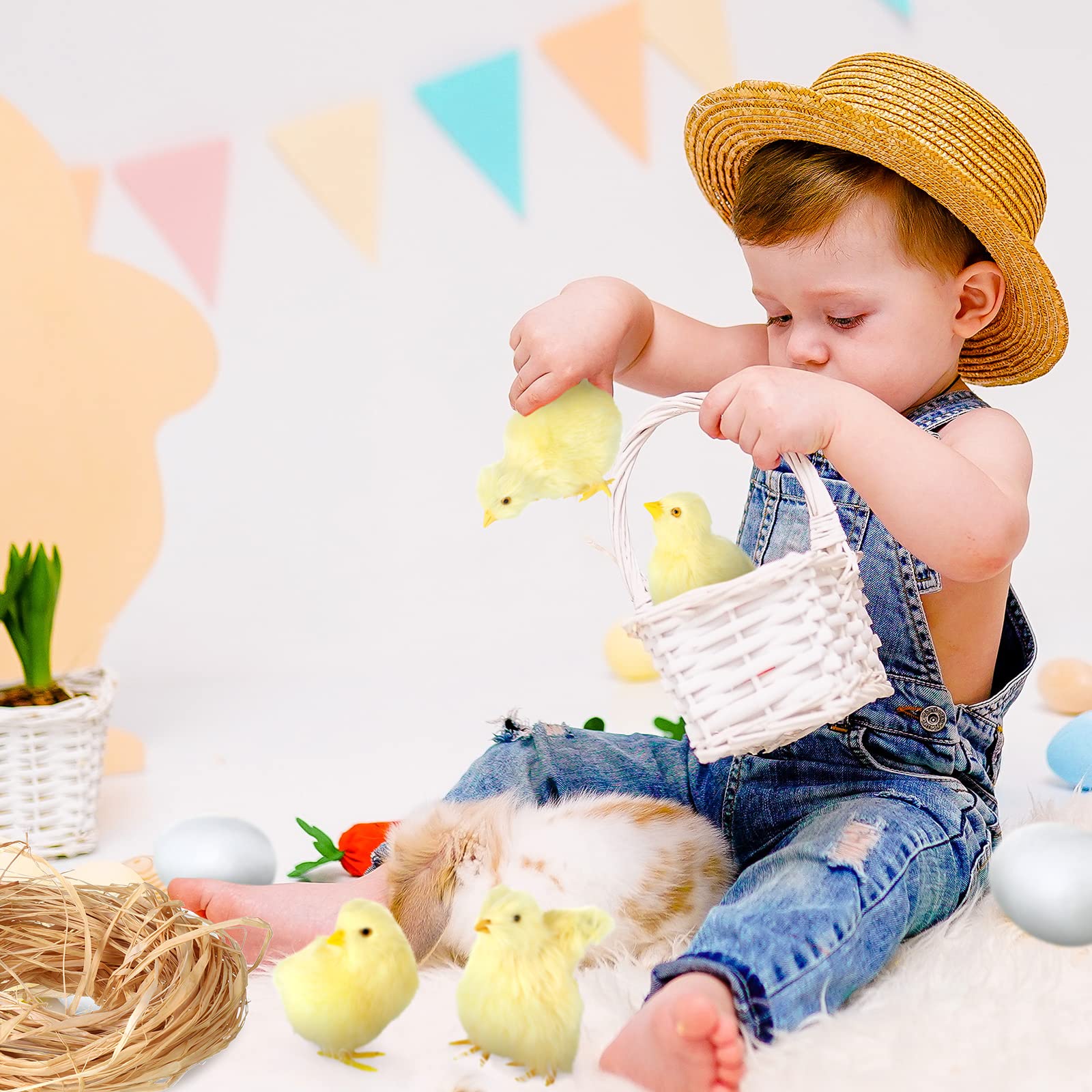 9 Pcs Spring Easter Chicken Decoration Set 4 Pcs Realistic Plush Little Chick Figurine Fluffy Chicks 4 Pcs Craft Foam Egg 1 Bag Yellow Easter Grass for Photography DIY Crafting Easter Hunt Party