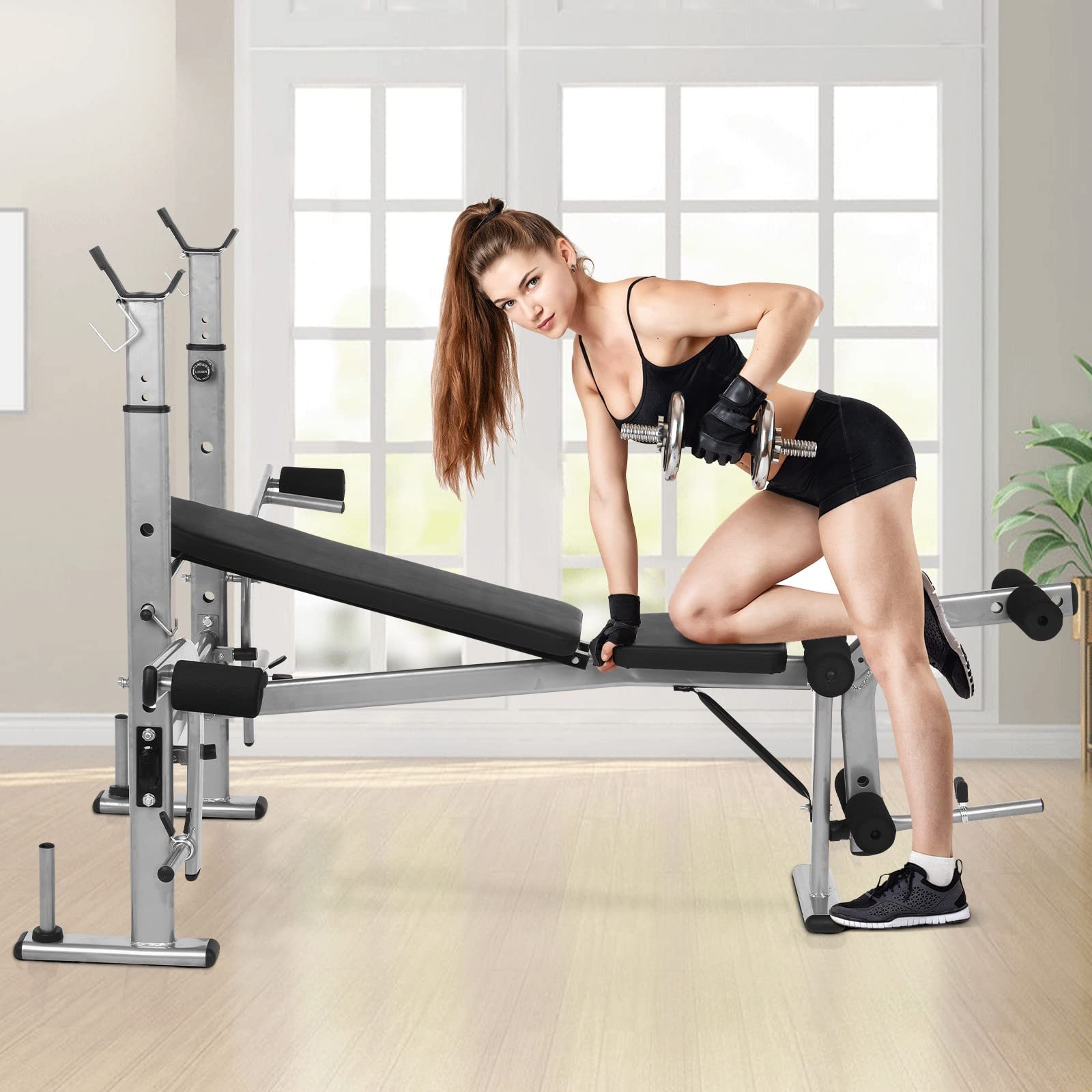 Adjustable Olympic Weight Bench with Squat Rack, Barbell Dumbbell Weightlifting Bed Leg Extension and Curl, Press Bench Rack Set, Home Gym Workout Fitness Exercise Strength Training Equipment