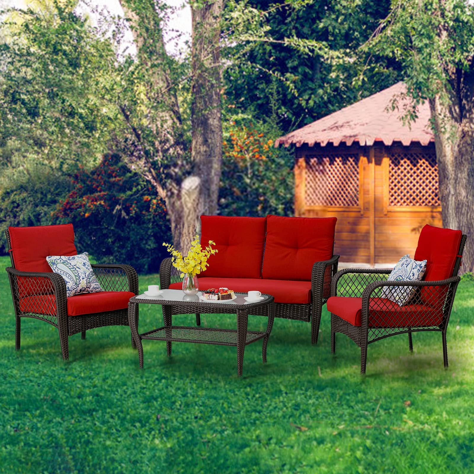 PHI VILLA 4 Piece Outdoor Wicker Patio Furniture Sets Clearance, Patio Wicker Conversation Sets All Weather Rattan Wicker Sofa with Cushions for Garden Lawn Deck, Brown & Red