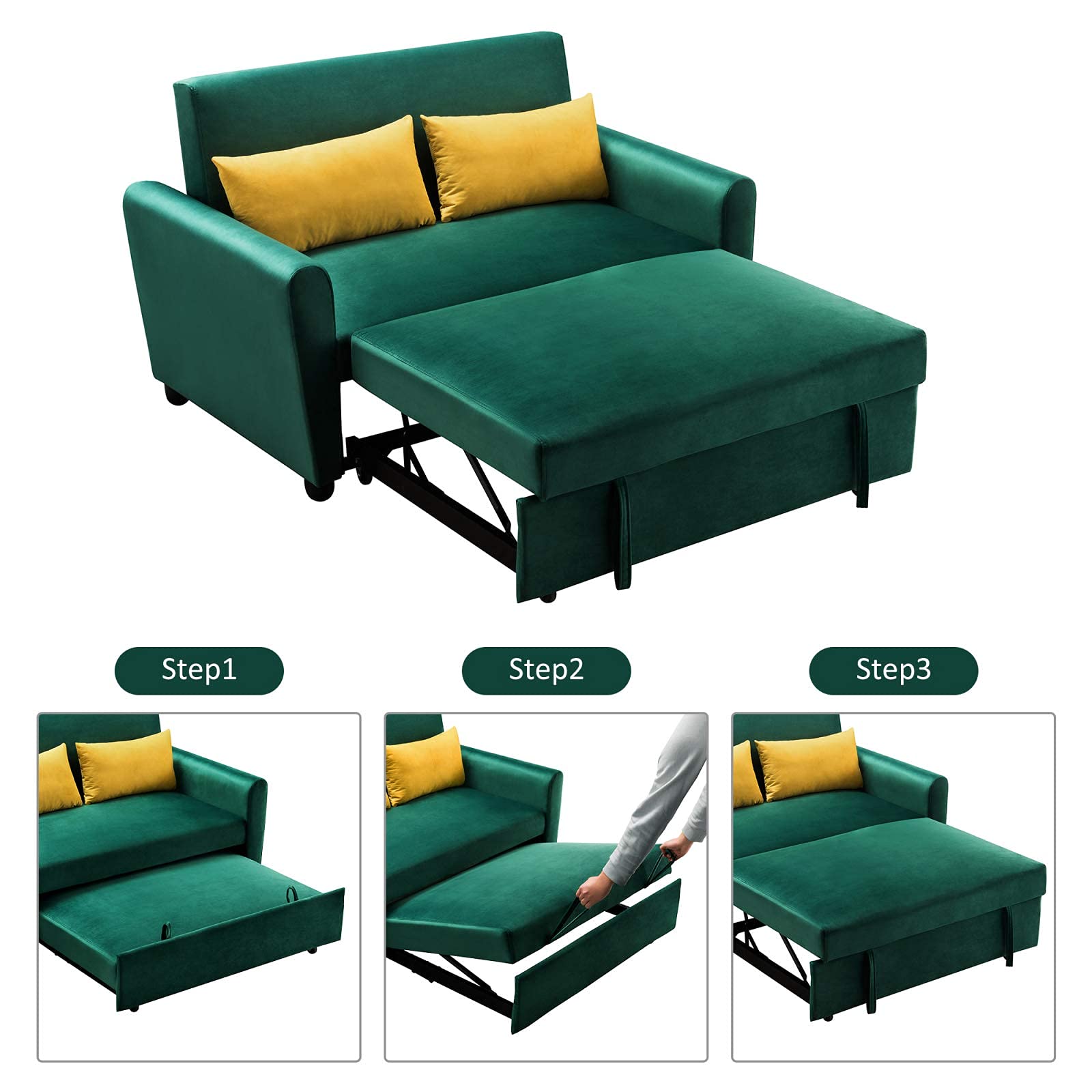 Couch with Pull Out Bed, Sleeper Couch Small Velvet Sofa with 2 Seats Sofa and Reversible Chaise, for Living Room Bedroom Small Space, 2 Lumbar Pillows, Compact, Green