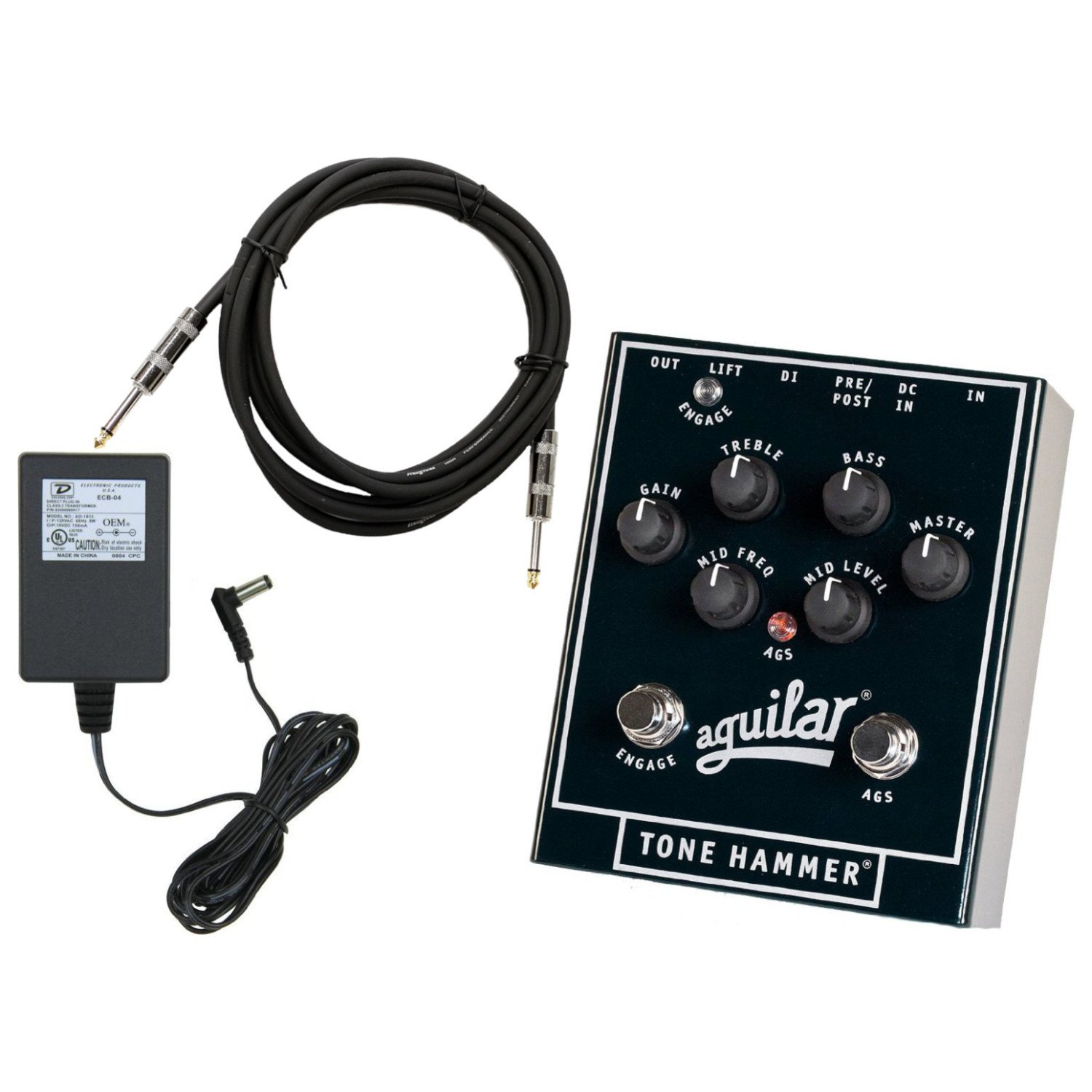 Aguilar Tone Hammer Bass Preamp Direct Box Effect Pedal with Overdrive and 3 Band EQ with 18V Power Adapter and Instrument Cable