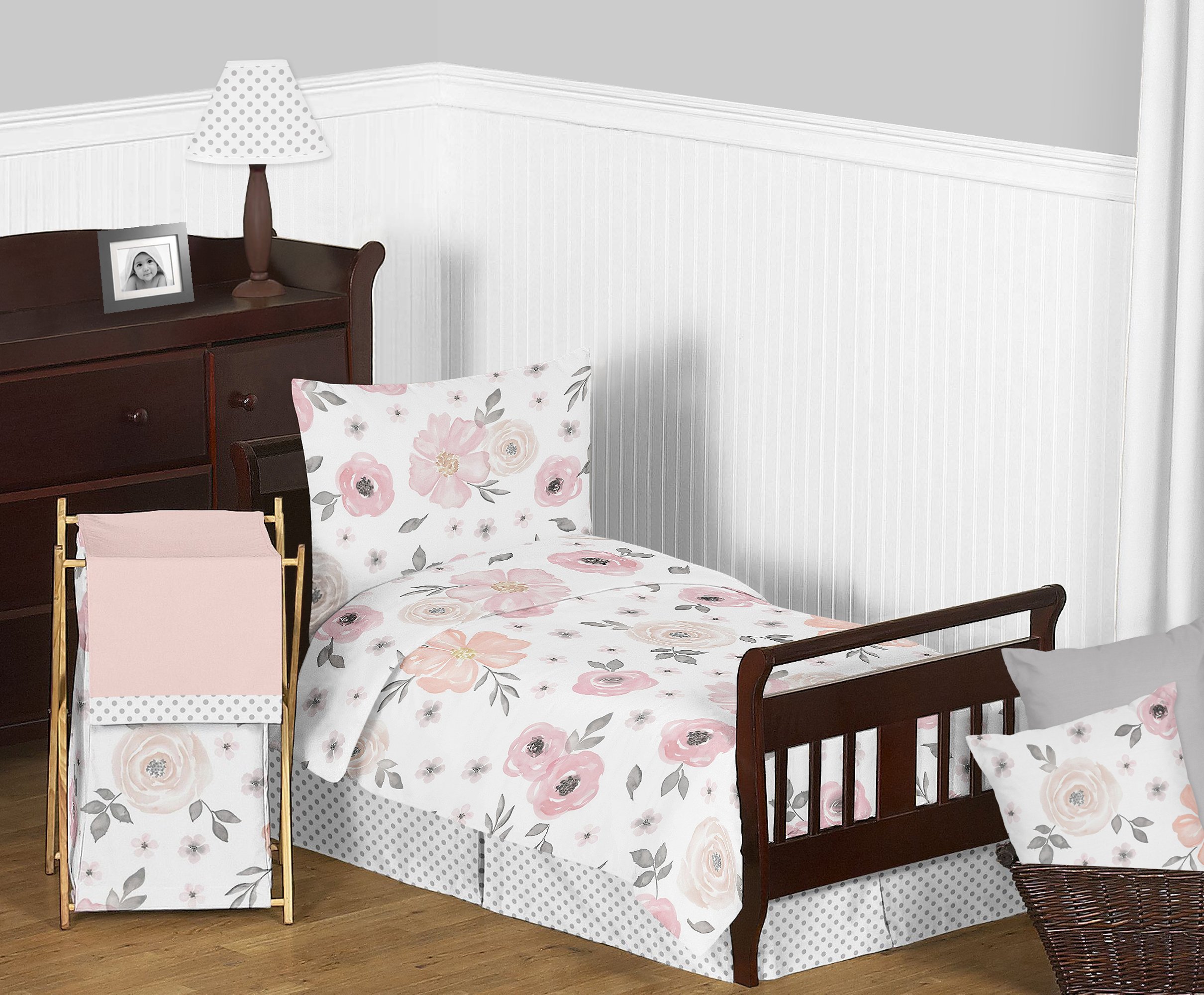 Sweet Jojo Designs Blush Pink, Grey and White Standard Pillow Sham for Watercolor Floral Collection