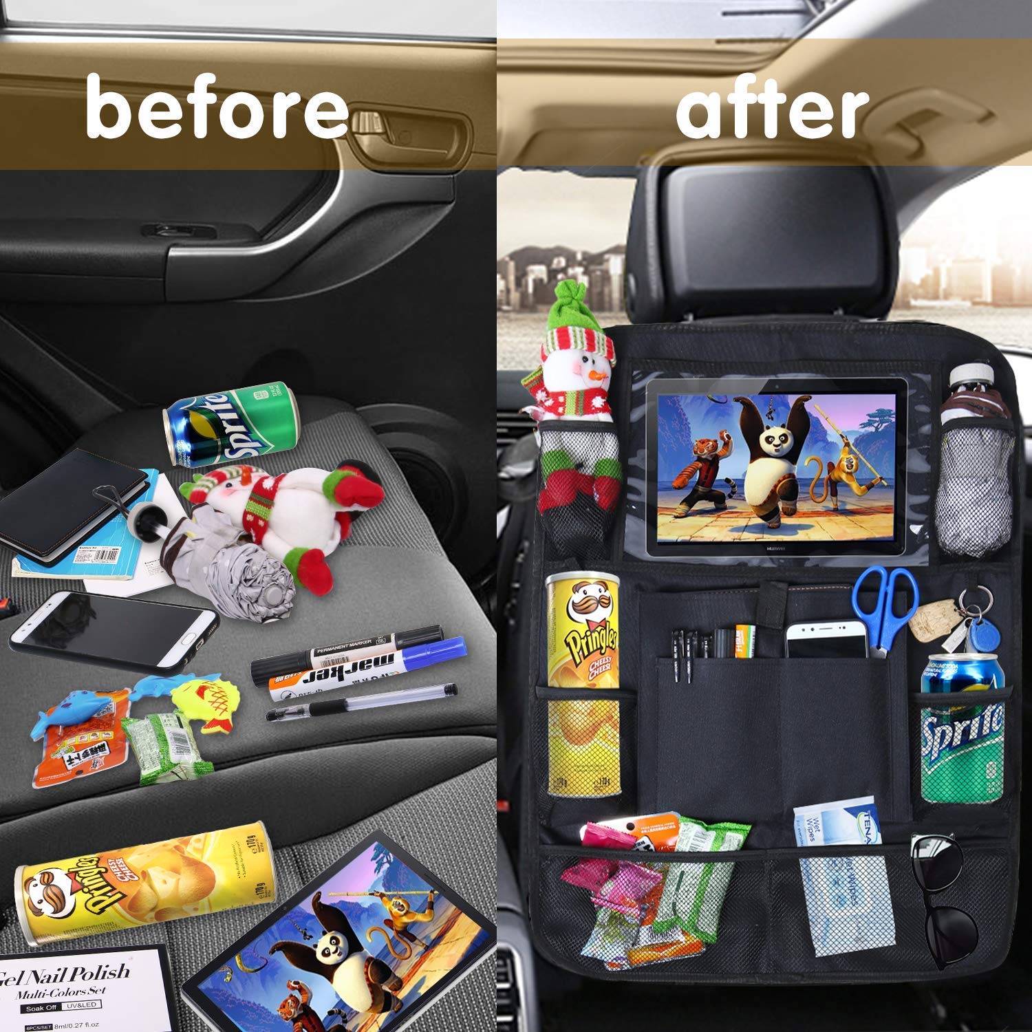 A-code Set 1 Pack Backseat Car Organizer, Kick Mats Car Back Seat Protector with 11" Clear Tablet Holder and 9 Storage Pockets for Kids Toys Book Drinks (1)