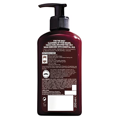L’Oréal Paris Men Expert Cleansing 3-in-1 Beard, Face & Hair Wash 200ml, Barber Club Wash With Cedarwood Essential Oil, Deeply Cleanses and Removes Beard Flakes