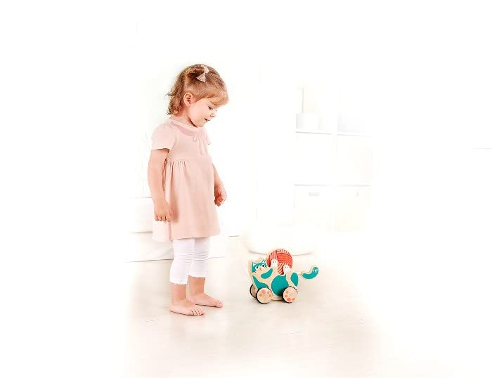 Hape Wooden Walk-A-Long Kitten Pull Toy| Roll & Rattle Push Pull Toy for Toddler| Montessori Toys for Walking Toddlers, Green