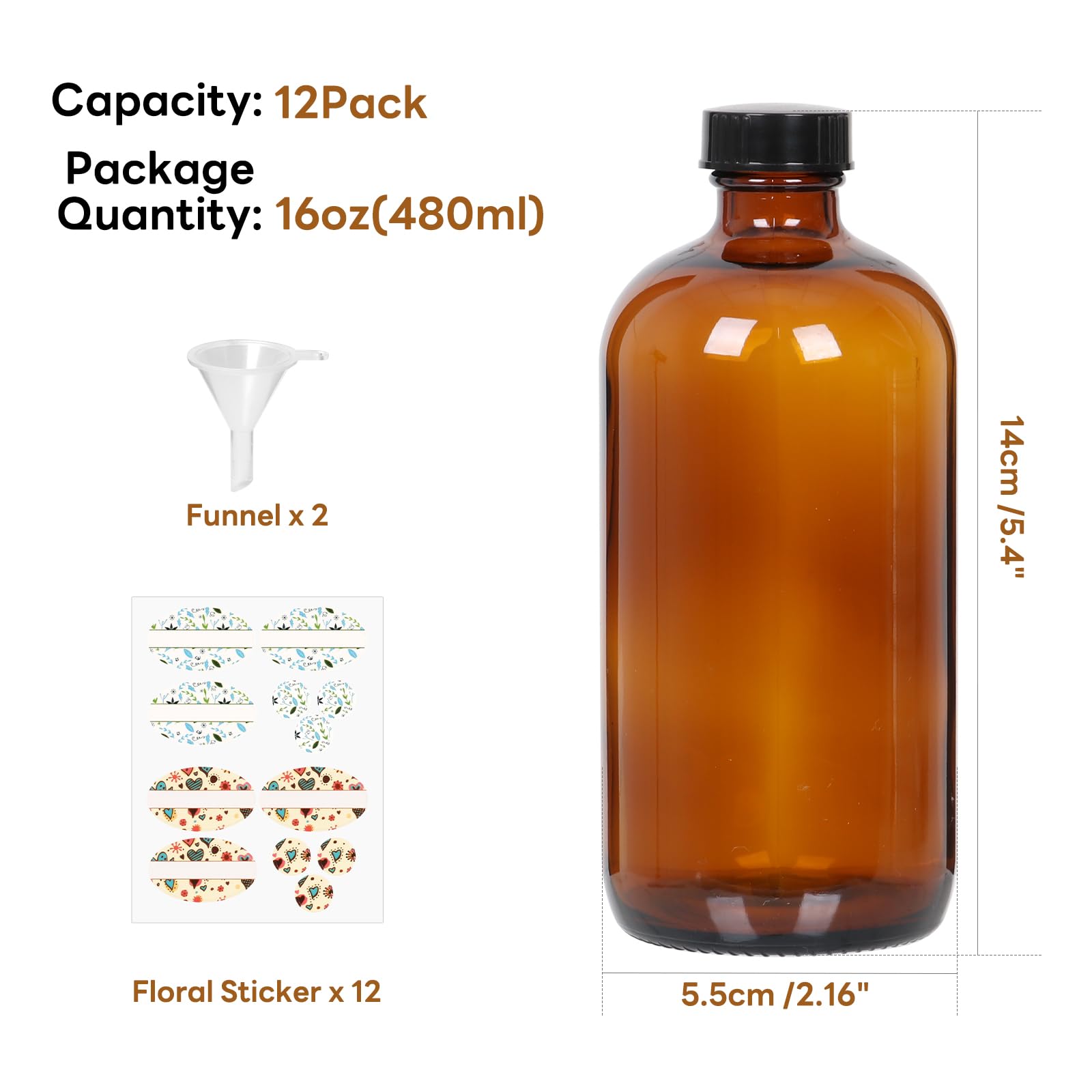 STARSIDE 12 Pack 16 oz Amber Glass Bottles with Lids, 480 ml Round Boston Bottles for Essential Oils, Hot Sauce, Juice, Liquids, Include 2 Funnel, 12 Labels.