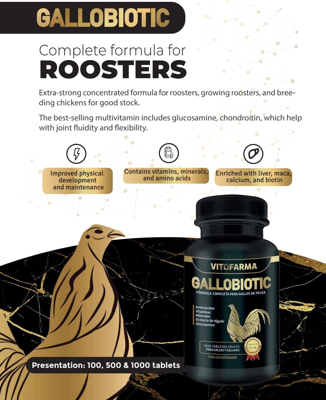 VITOFARMA Gallobiotic Natural Multivitamin for Rooster, Hens - 100 Tablets | Vitamina Completas para Gallos