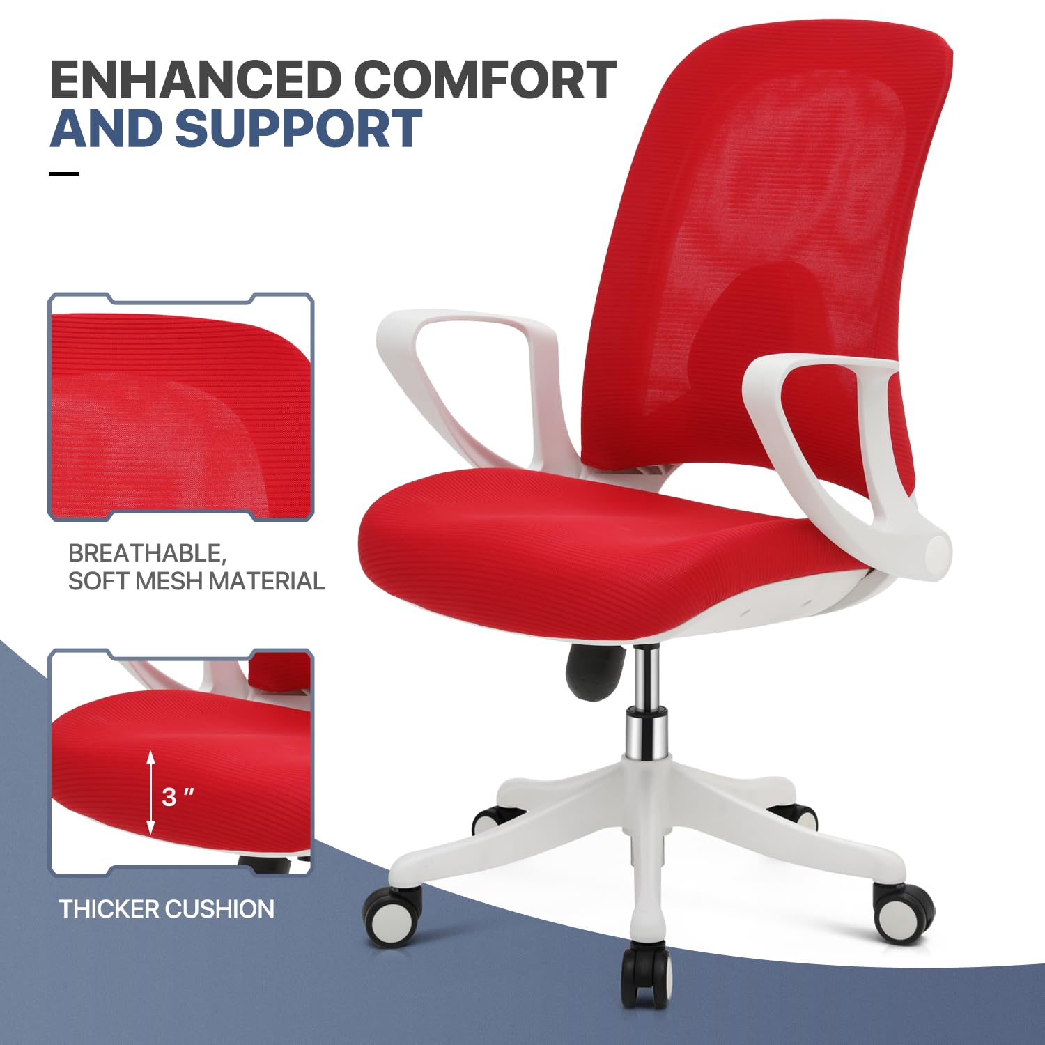 MoNiBloom Ergonomic Mesh Office Chair with Lumbar Support and Flip-up Arms, Home Office Height Adjustable Swivel Task Chair with Soft Seat and Ergonomic Backrest for Pain Back, 250 BLS, Red