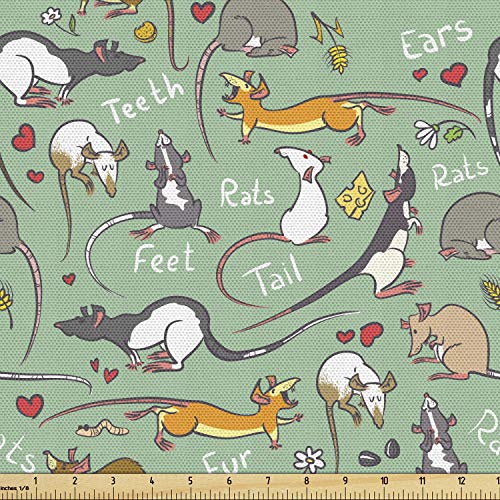 Lunarable Animals Fabric by The Yard, Cartoon Funny Creatures Hearts Lettering Ornament Colorful Characters, Decorative Fabric for Upholstery and Home Accents, 1 Yard, Almond Green Multicolor