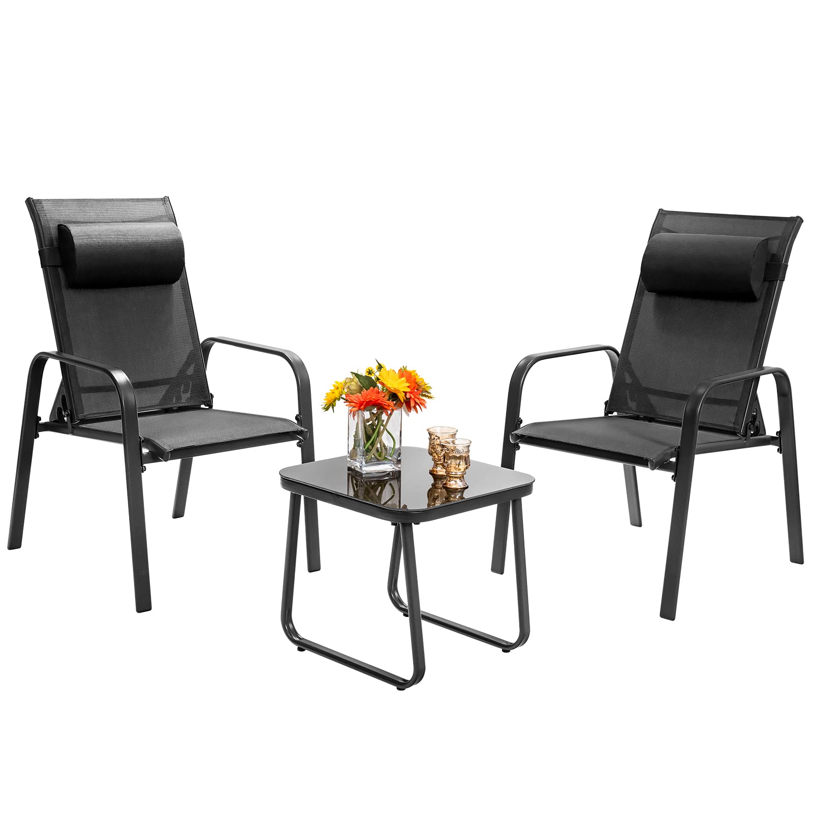Giantex 3 Pieces Patio Bistro Set, Patio Dining Set for 2, Stackable Patio Chairs with Adjustable Backrest Headrest, Tempered Glass Coffee Table, Outdoor Porch Yard Garden Furniture (Black)