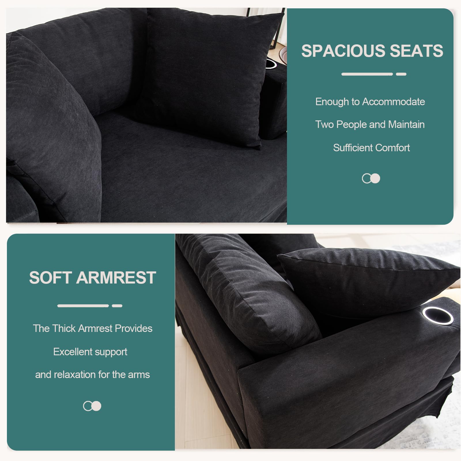ASAHREE 47'' Mid Century Oversized Reading Armchair, Corduroy 2 Seater Upholstered Sofa Loveseat with 2 Cup Holder, Comfy Modern Accent Chair for Bedroom, Living Room, Black