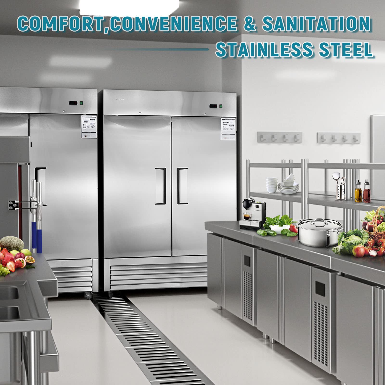 JINSONG 54" Commercial Refrigerator 2 Solid Door, 49 cu.ft 2 Section Stainless Steel Reach-in Refrigerator for Restaurant, Bar, Shop, Residential