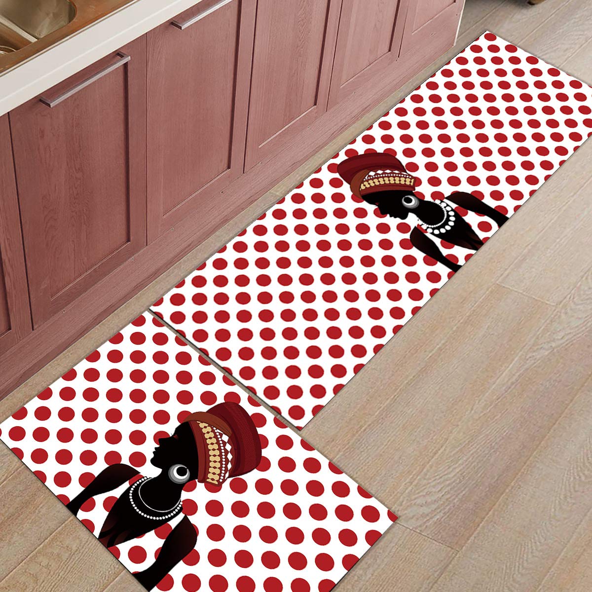 African Women Kitchen Rugs Set, 2 Pieces Comfortable Standing Mats, Floor Rug for Laundry Room, Dining Room, Playroom 19.7x31.5inch+19.7x63inch, Polka Dots Red Black White