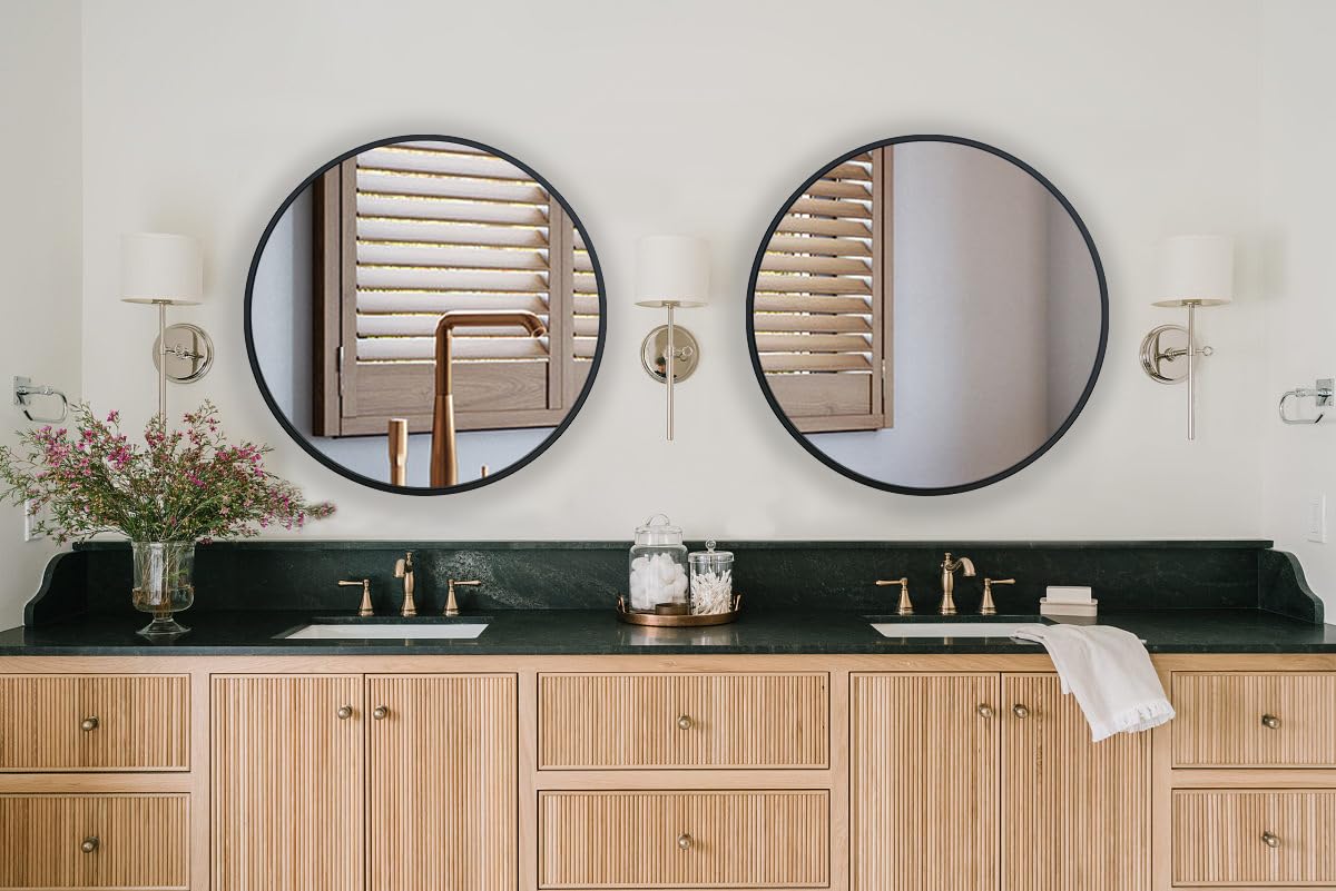 HESONTH 28 x 28 Inch Round Medicine Cabinet Circular Bathroom Mirror Cabinet | Wall Surface Mounted Storage Cabinet | with Farmhouse Black Framed Mirrored Door