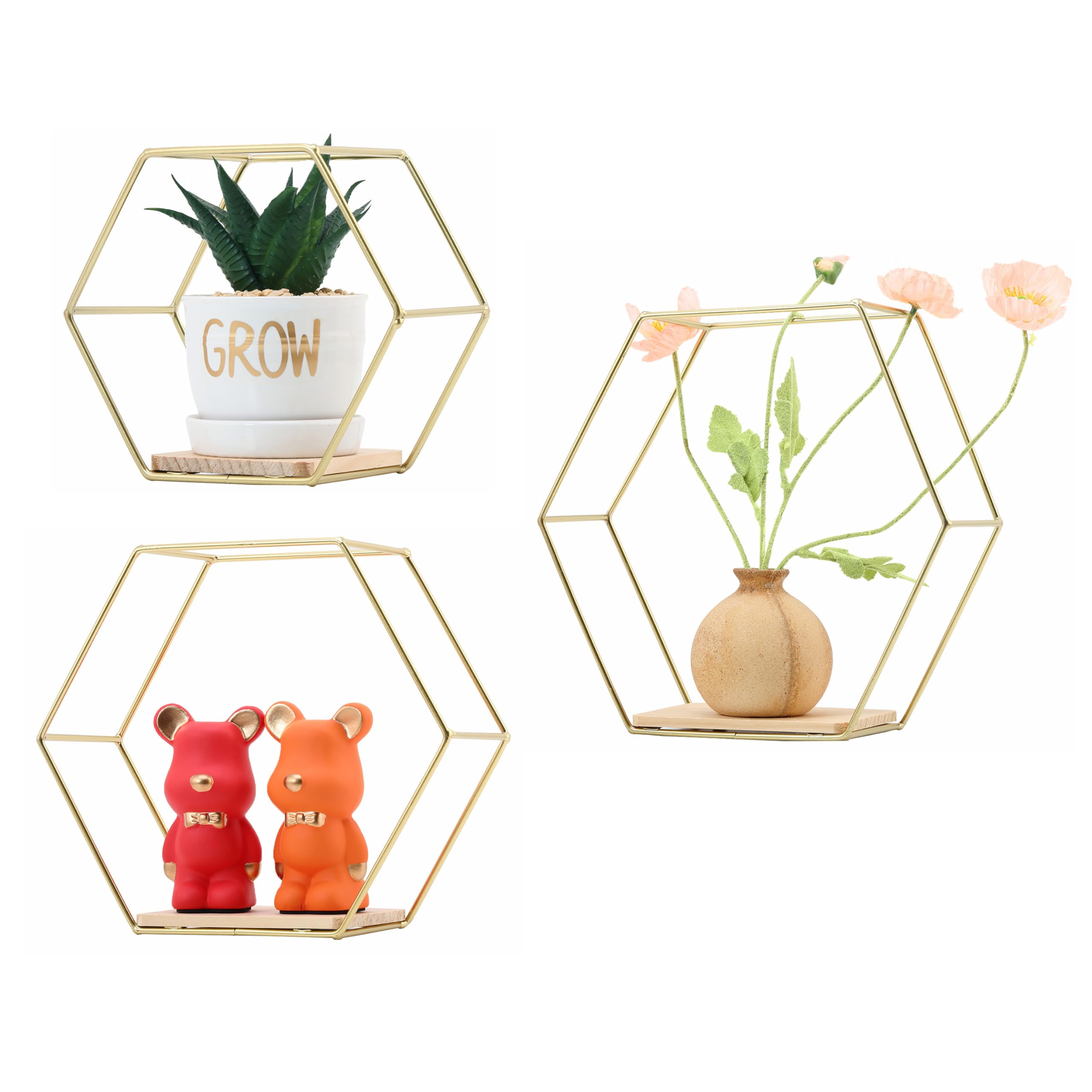 REFSAVER Hexagon Shelves for Wall,Gold Geometric Floating Shelves Wall Decor,Multi-use Metal Wire Wall Display Shelves,Hanging Wall Decor for Bedroom Living Room Kitchen Office,3 Pack,Gold