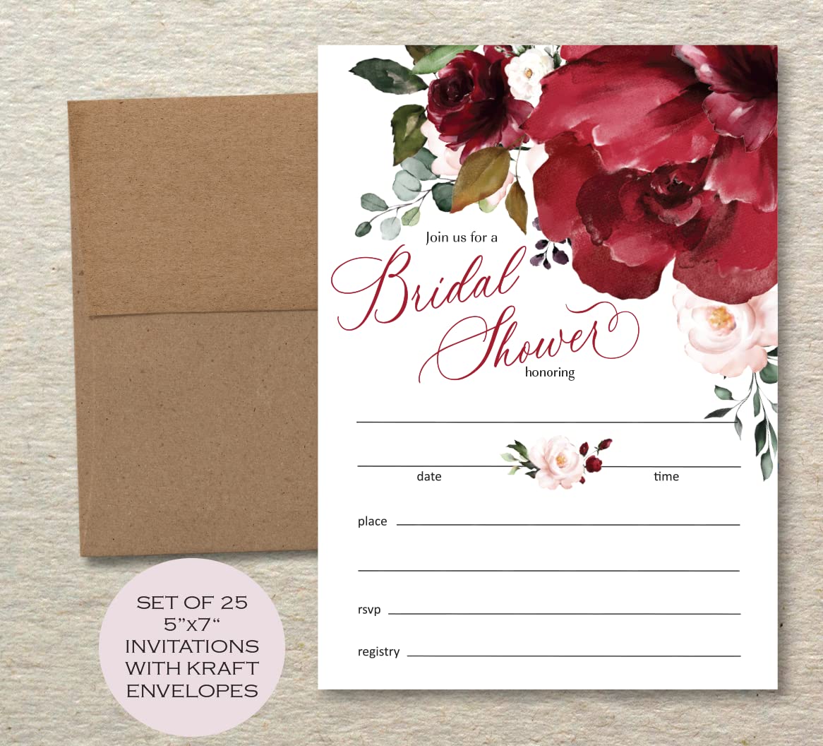Moonrise Papery Set of 25 Bridal Shower Invitations with Envelopes — Floral Bridal Shower Invitations