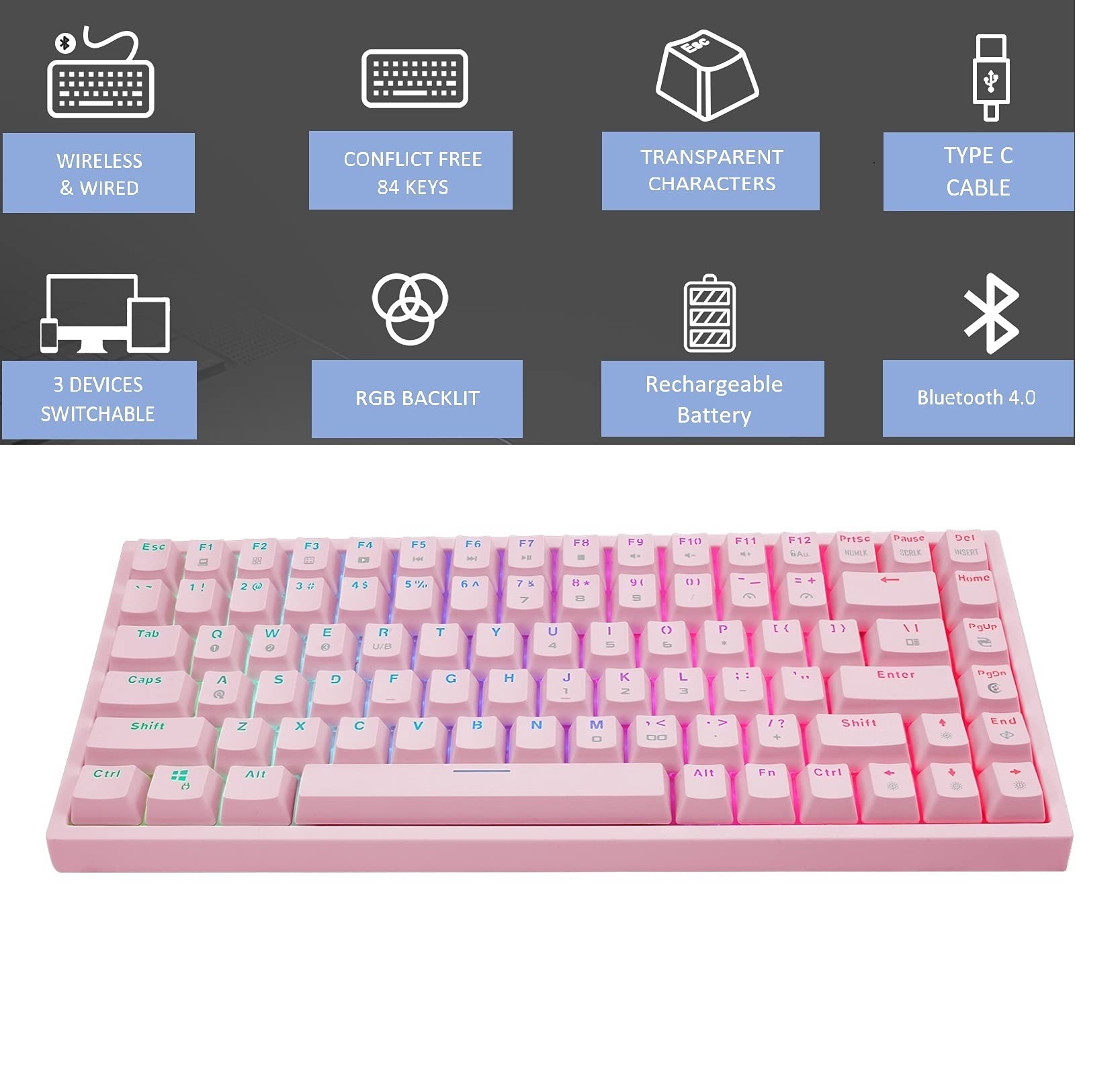 CQ84 Wireless Mechanical Keyboard 60%, Wired Bluetooth Gaming Keyboard, Brown Switches, RGB Backlit, Compact 84 Keys, for Windows Computer, Smartphone, Mac, Gamer, Office