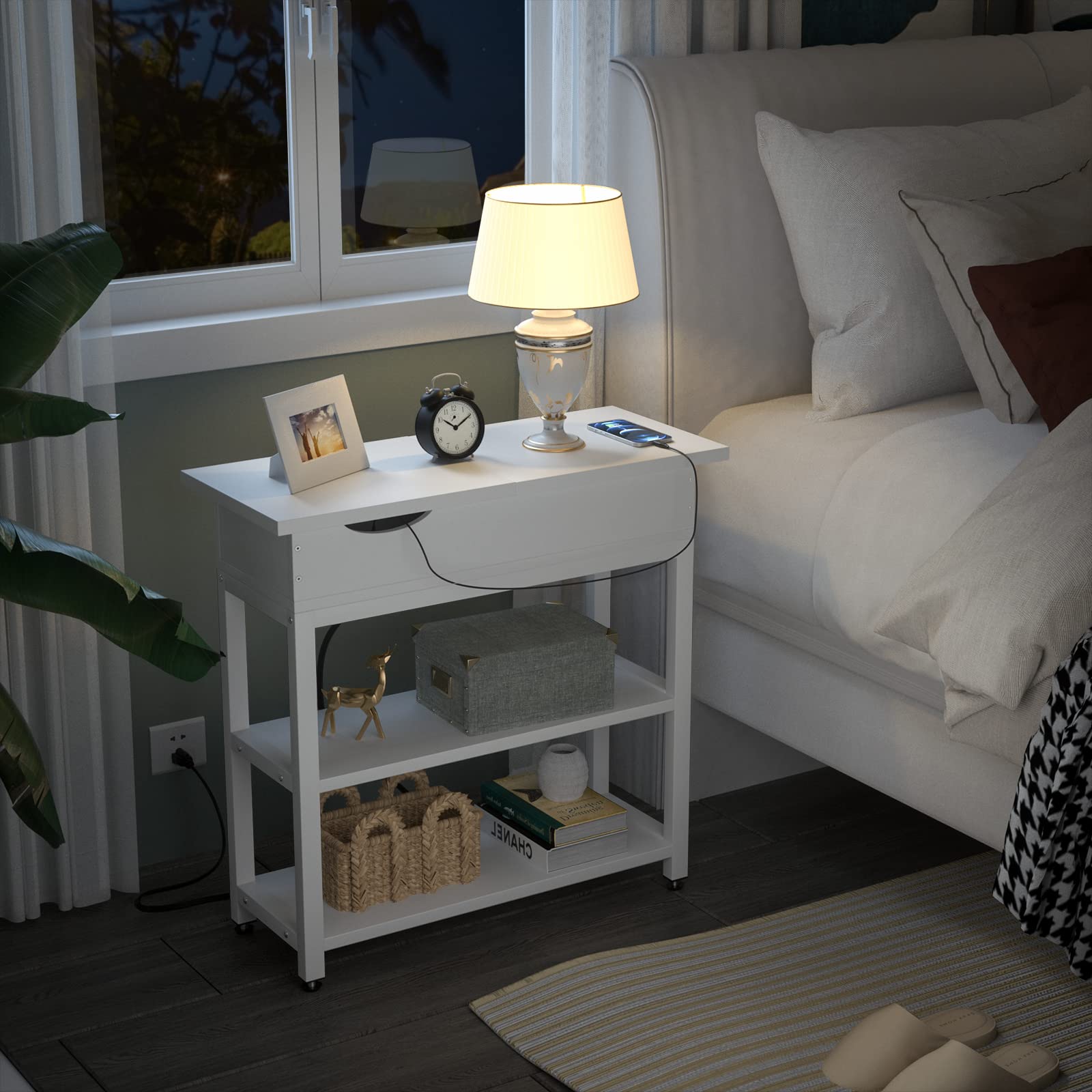 Aheaplus Sofa Side Table with USB Ports and Outlets, Narrow End Table Set of 2 with Charging Station, Bedside Nightstand with Storage Shelves, Slim Side Table，White