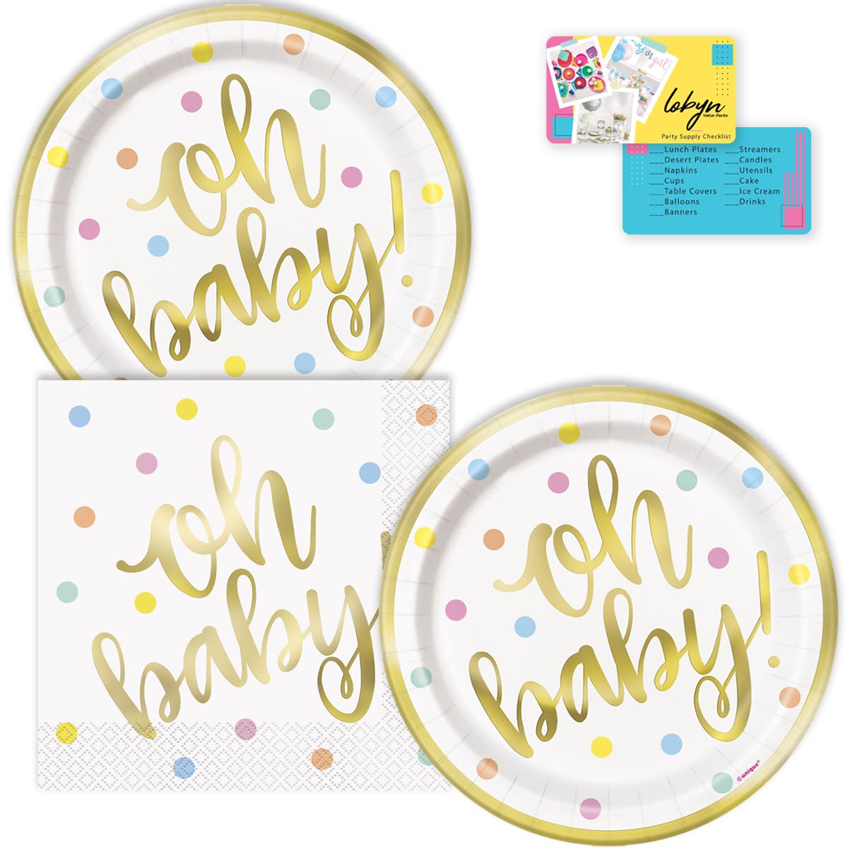 Lobyn Oh Baby Dessert Plates and Napkins - Elegant Gold and White Baby Shower Disposable Set - Cake Plates - 16 Count of 7 Inch Disposable Plates, and 16 Napkins - Baby Shower Plates