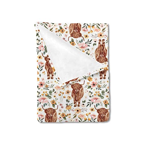 HawSkgFub Highland Cow Boho Retro Floral Baby Girl Blanket, Western Farm Animal Yak Flower Flannel Fleece Nursery Bed Swaddle Receiving Blankets, Soft Newborn Infant Toddler Kid Crib Bedding 30 x 40