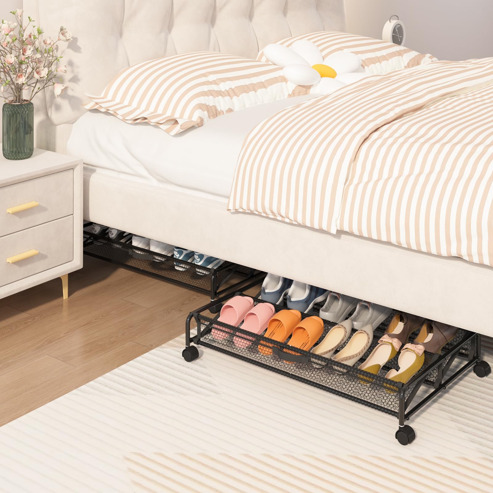 KOSIWU Under Bed Shoe Storage with Wheels, 2 Pack Rolling Under Bed Storage Containers for Shoes Metal Shoe Rack Organizer Bedroom Organization