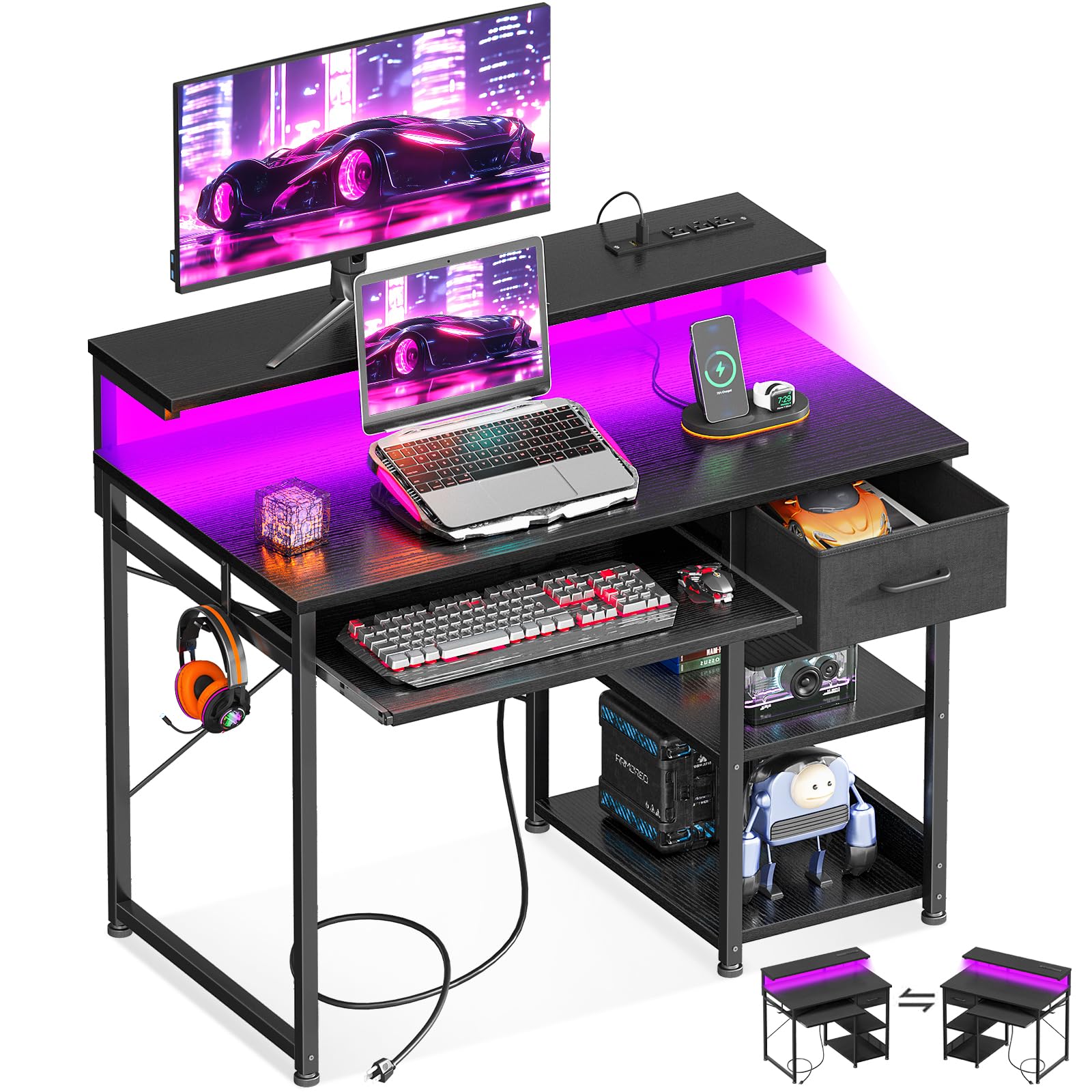 AODK Gaming Desk with LED Lights & Power Outlet, 40 Inch Small Computer Desk with Keyboard Tray, Office Desk with Drawer, Reversible Desk with Adjustable Monitor Shelf and Storage Shelf, Black
