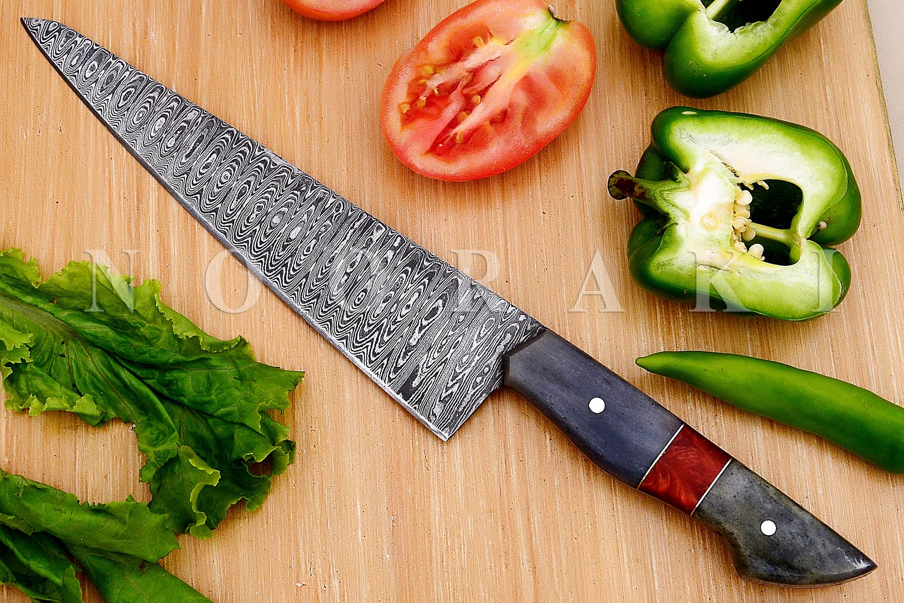 Nooraki KCK335 Hand Forged Damascus Steel Chef Knife Ladder Pattern and Cowhide Sheath, Multipurpose Kitchen Knives with Full Tang Coloured Bone and red resin sheath Handle 12" Length