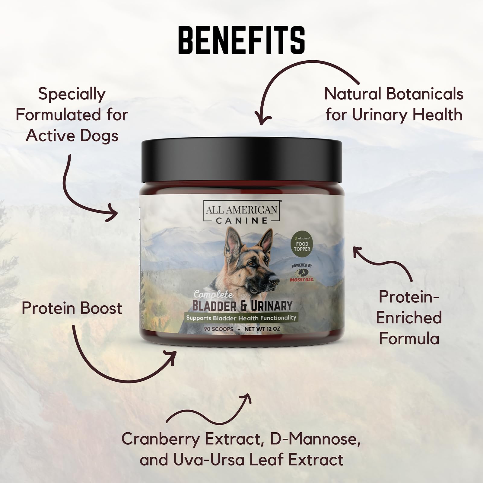 ALL AMERICAN CANINE Complete Bladder & Urinary Natural Protein-Enriched Powdered Cranberry Food Topper for All Dogs, Supporting Urinary Health - 90 Servings