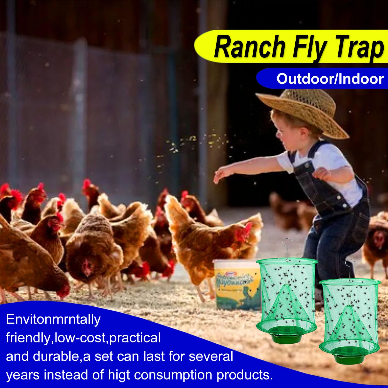 8 Pack Ranch Fly Traps - Reusable Fly Traps Outdoor Indoor Hanging,Stable Fly Traps with Bait-Tray Fly Catcher Cage Fly Net Bag for Farms,Park, Restaurants (Green)