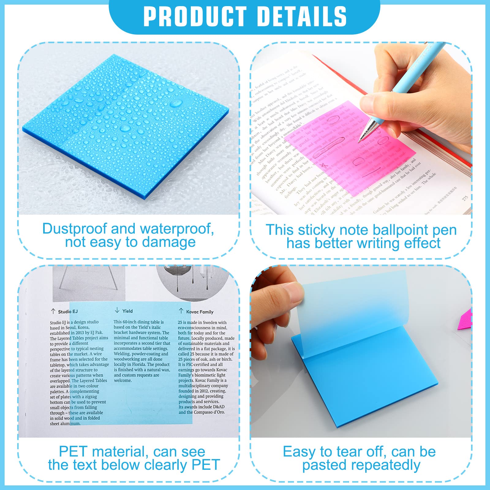 900 Sheets 18 Pieces Transparent Sticky Notes Pads, 3 x 3 Inches Translucent Colored Clear Stickies Notes Waterproof Self Adhesive See Through Memo Sticky Pads, School Office Supplies (Bright Color)