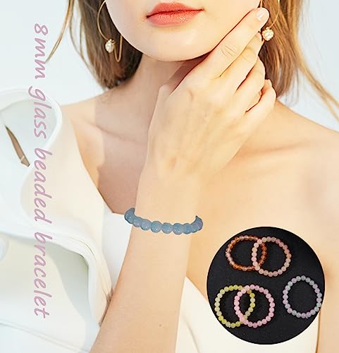 FINZOR 24Pcs 8mm Beaded Stretch Bracelet Handmade Round Glass Bracelet for Women Multicolor Matte Beads Elastic Bracelet Shining Beads Wristband Valentines Jewelry