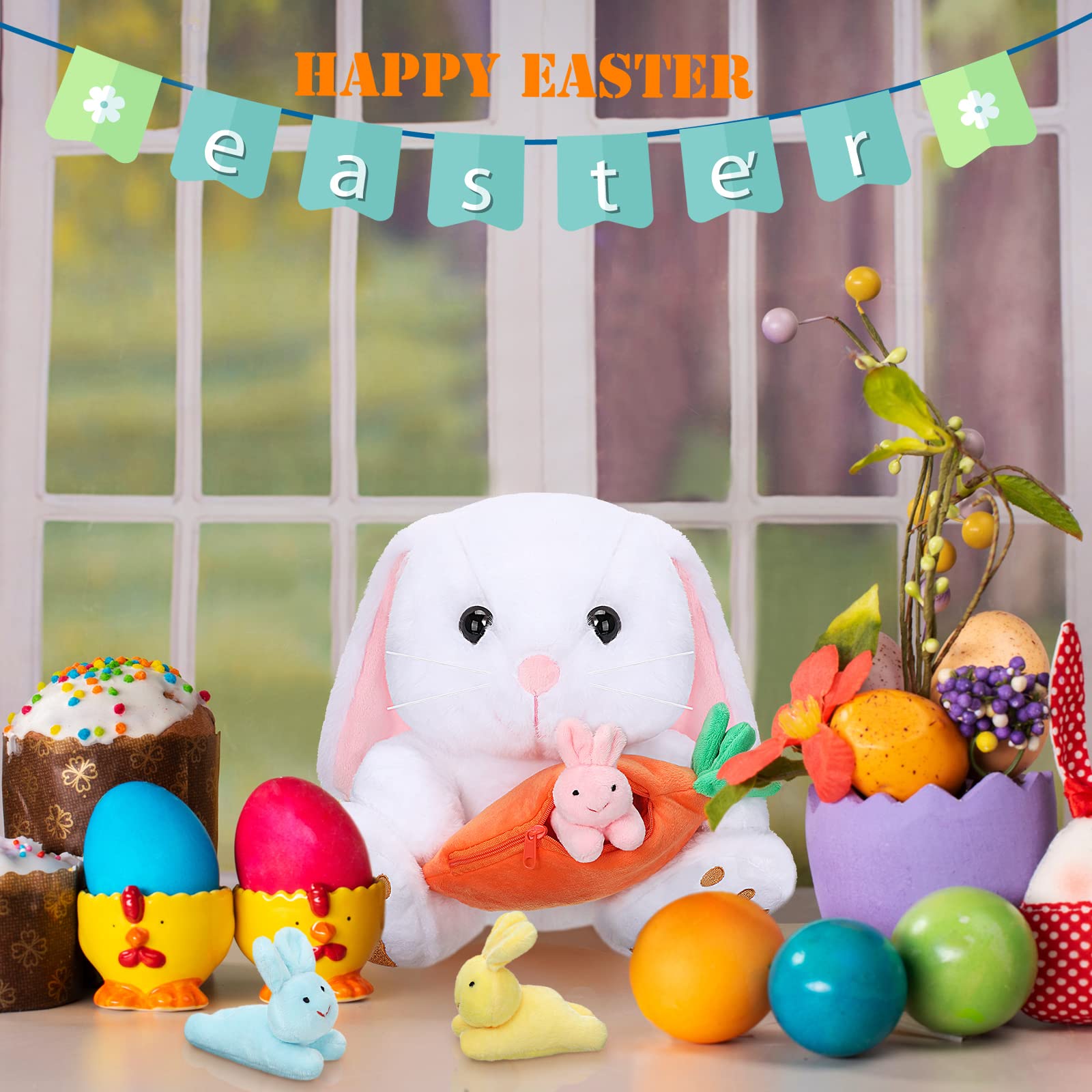 Easter Bunny Stuffed Animals with 3 Bunnies in a Carrot Rabbit Decor 10 Inches Easter Rabbit Plush Soft Cute Bunny Plush Toys Desktop Decoration for Boys and Girls Holiday Birthday Gift(Bunny)