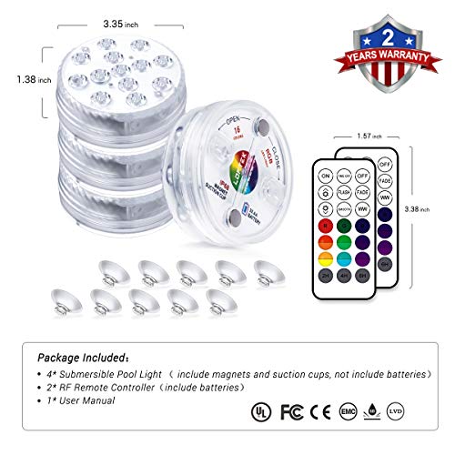 LOFTEK Submersible LED Lights with Remote RF(164ft),Full Waterproof Pool Lights for Inground Pool with Magnets, Suction Cups,3.35β Color Changing Underwater Lights for Ponds Battery Operated (4 Packs)