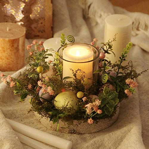 Easter Candle Holder with Pastel Eggs and Mixed Flowers Hurricane Candlestick with Glass Screen Cover Spring Candleholder Small Wreath Candlestick Centrepiece Table Top Decoration Easter Ornaments