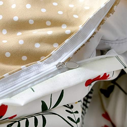 ARIGHTEX Red Yellow Floral Microfiber Bedding Comforter Cover Set Full Size Nature Botanical Quilt Cover Green Leaves Printed Duvet Cover with Zipper Closure (3 Piece)