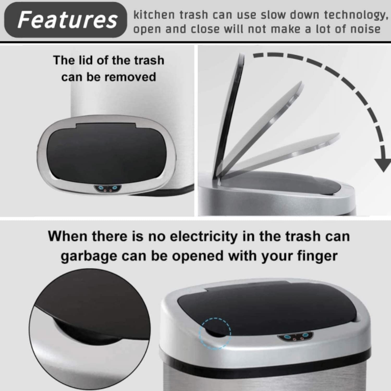 MKDLUFEI 13 Gallon Motion Sensor Trash Can, Brushed Stainless Steel, 13 Gallon Capacity, Touchless Garbage Can for Home Office