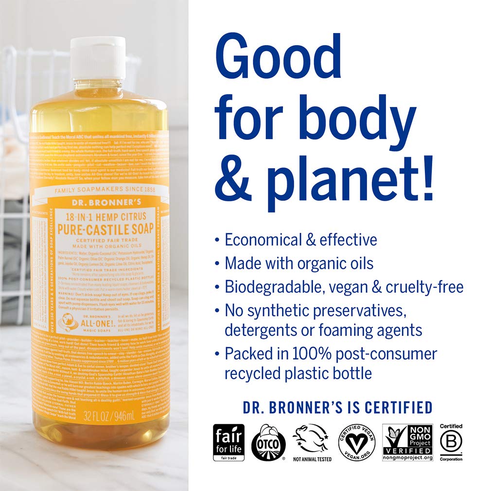 Dr. Bronner's - Pure-Castile Liquid Soap (Citrus, 1 Gallon) - Made with Organic Oils, 18-in-1 Uses: Face, Body, Hair, Laundry, Pets and Dishes, Concentrated, Vegan, Non-GMO